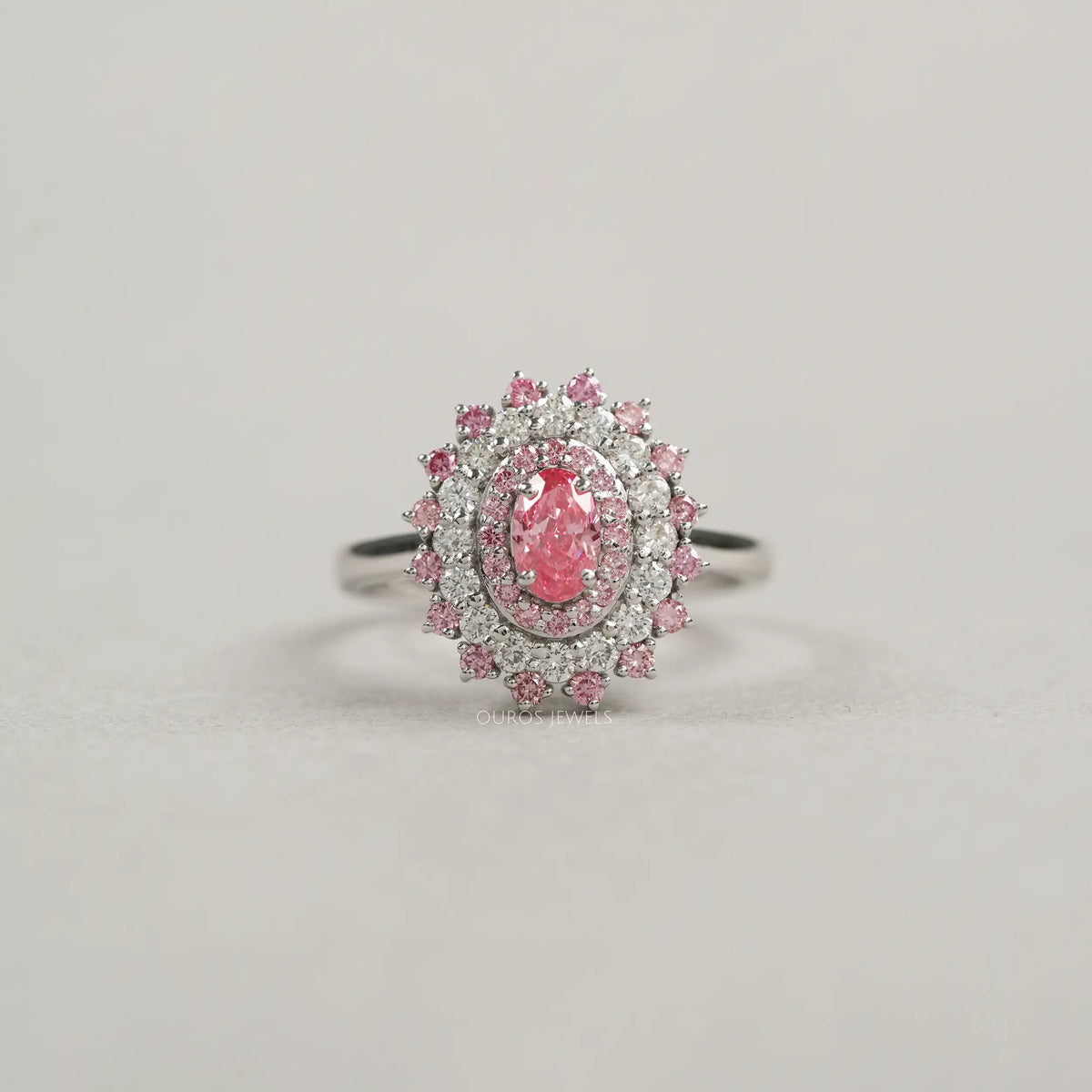 Pink Oval Cut Diamond Double Halo Engagement Ring — Ouros Jewels