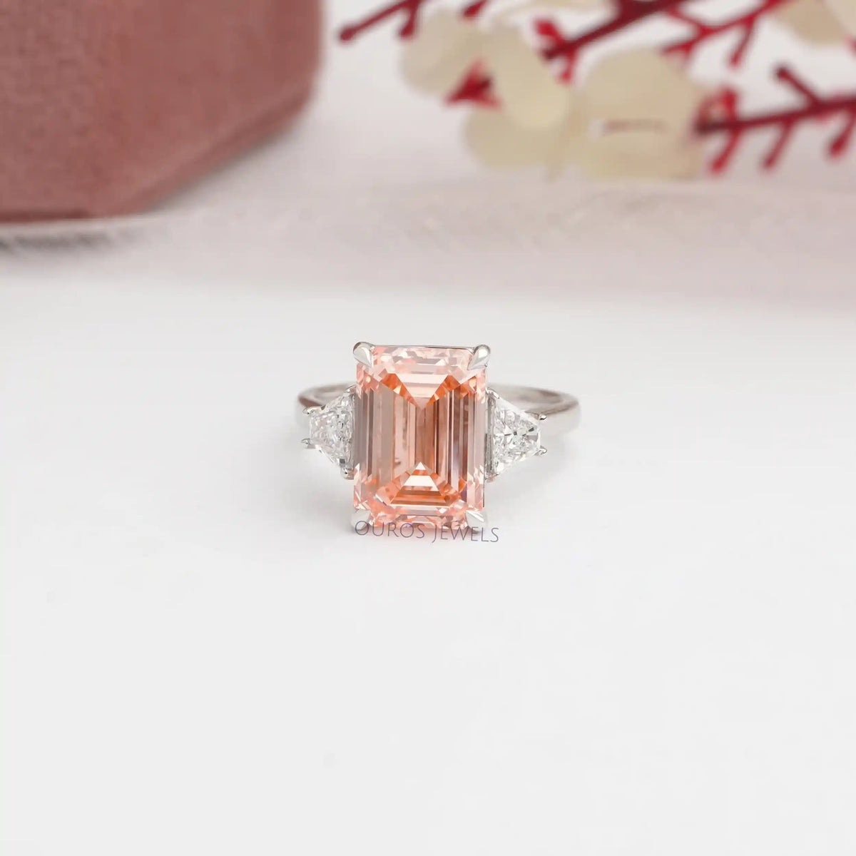 Pink Emerald Cut Three Stone Engagement Ring — Ouros Jewels