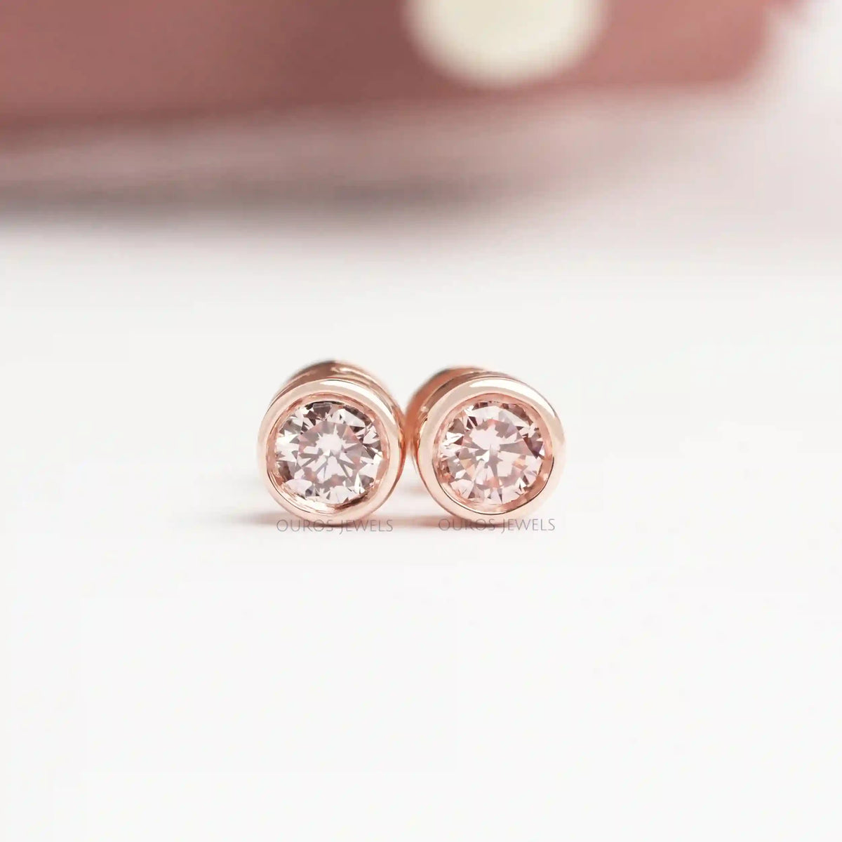 Round pink bezel set diamond stud earrings — Ouros Jewels