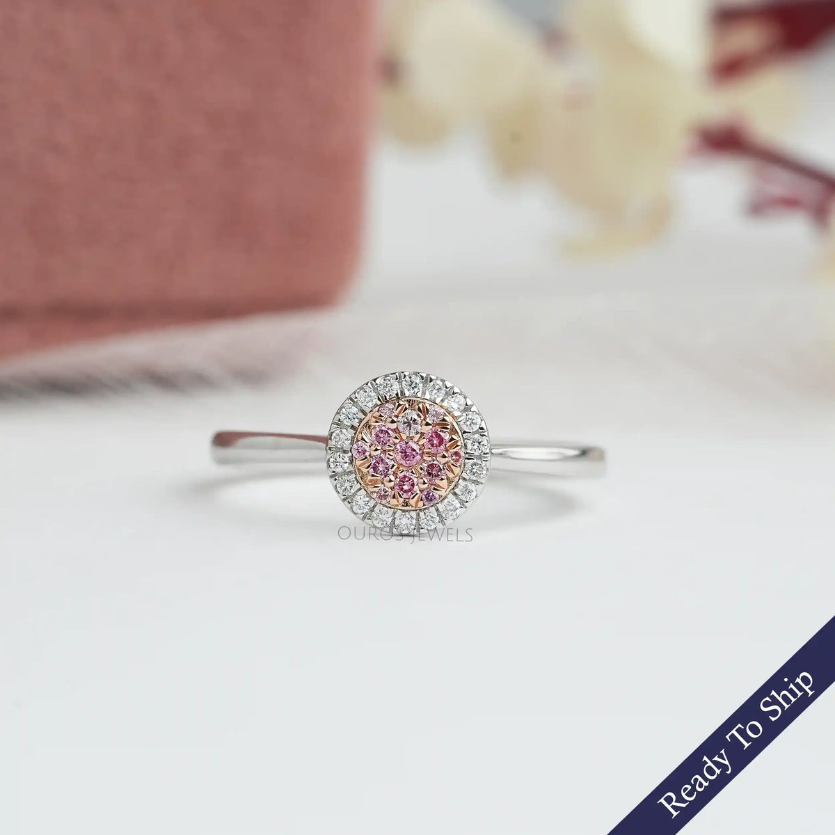 Pink Round Diamond Halo Engagement Ring — Ouros Jewels