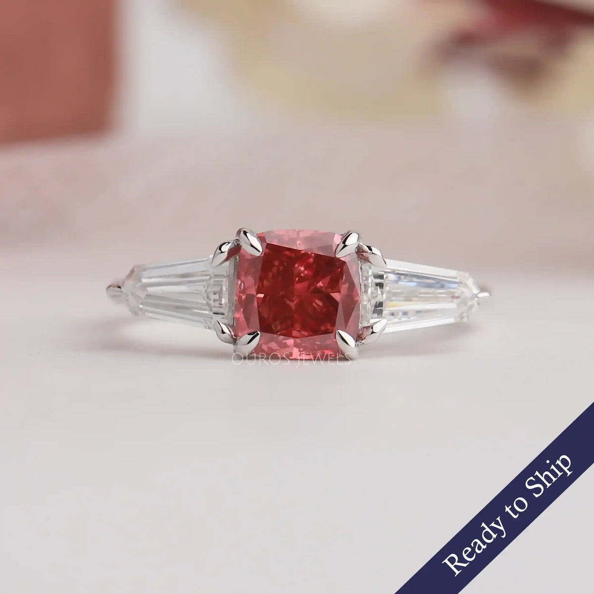 Pink Cushion Three-Stone Ring | Ouros Jewels